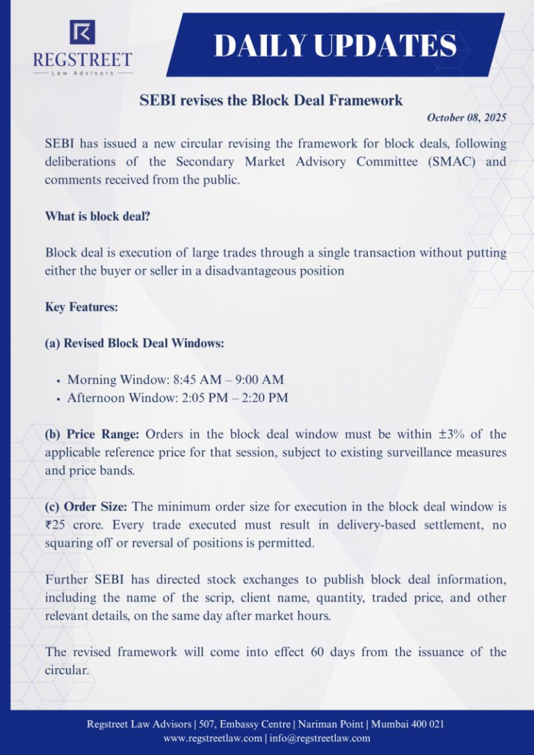 SEBI revises the Block Deal Framework - Regstreet Law Advisors
